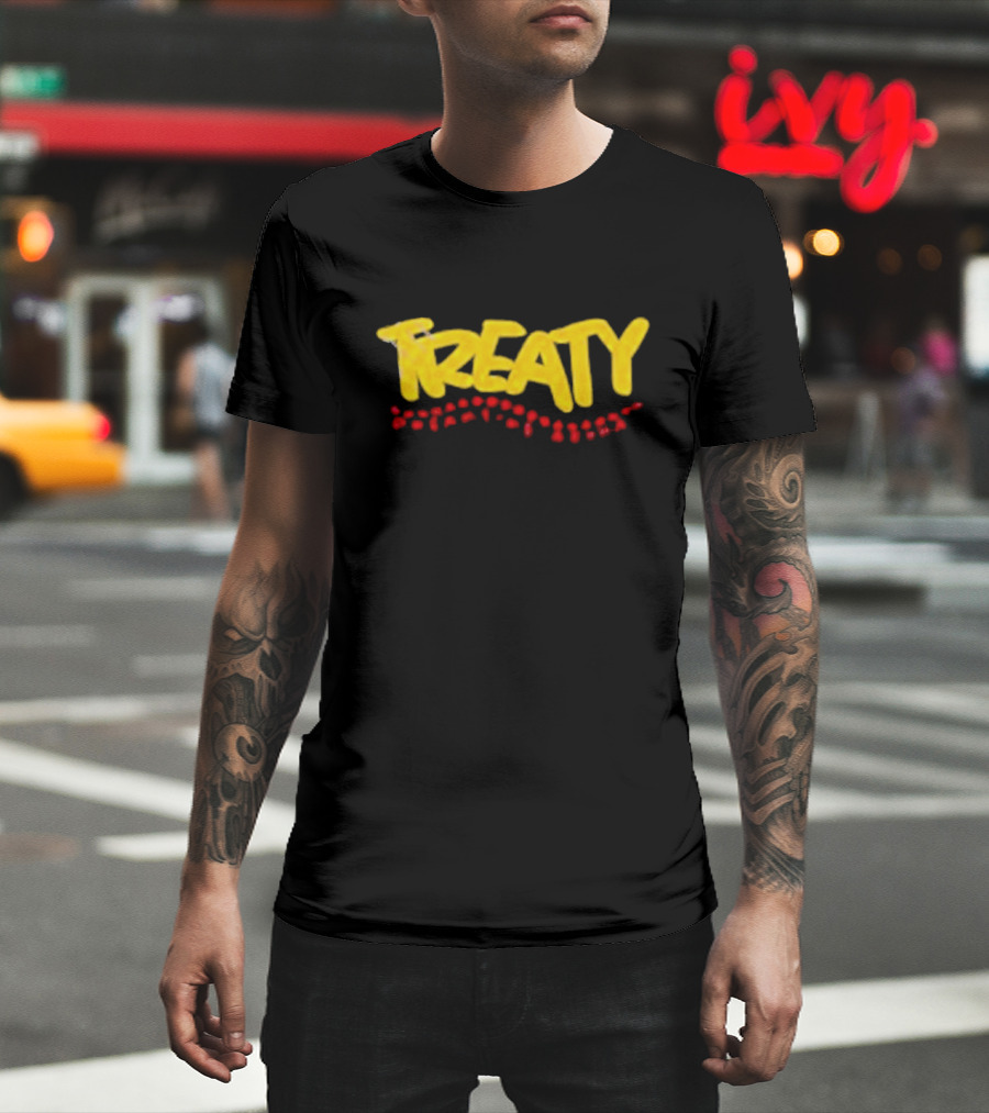 Treaty Dreamtime Aroha Yellow Text With Red Dots T-Shirt