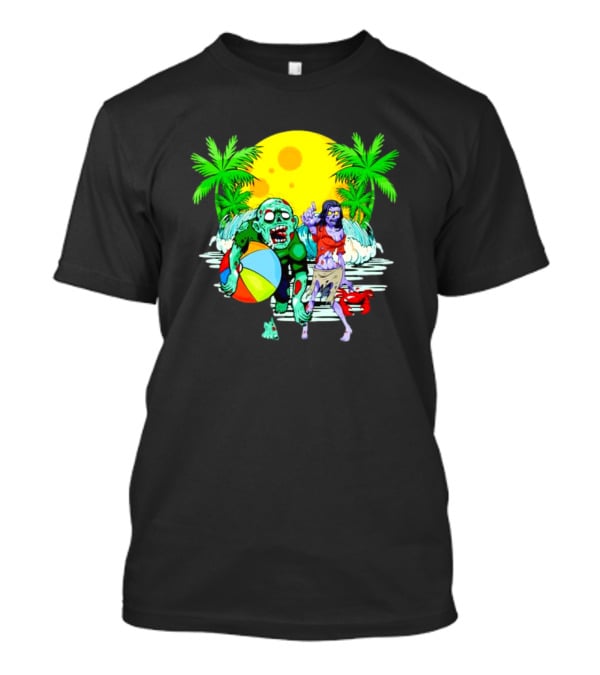 Zombie Beach Party Under Palm Trees With Beach Ball And Surf Waves T-Shirt