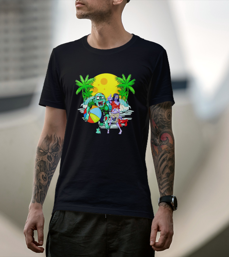 Zombie Beach Party Under Palm Trees With Beach Ball And Surf Waves T-Shirt