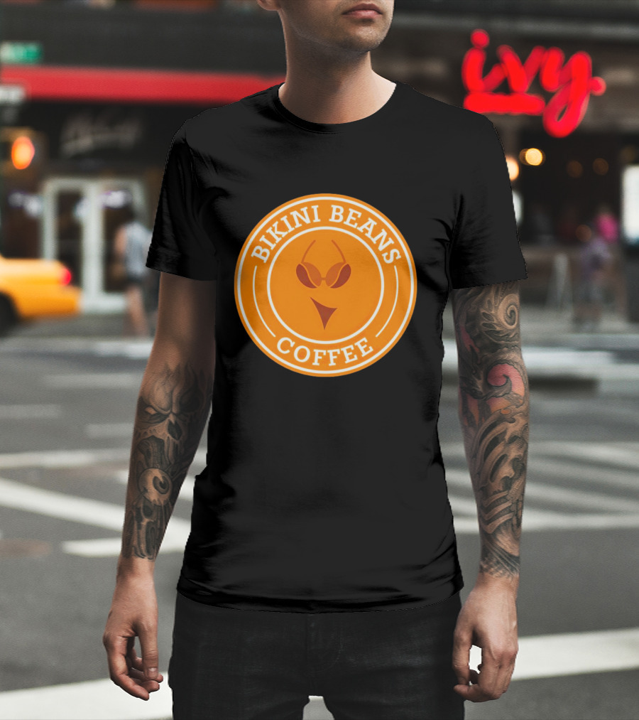 Bikini Beans Coffee Circular Logo With Sunglasses And Orange Background T-Shirt