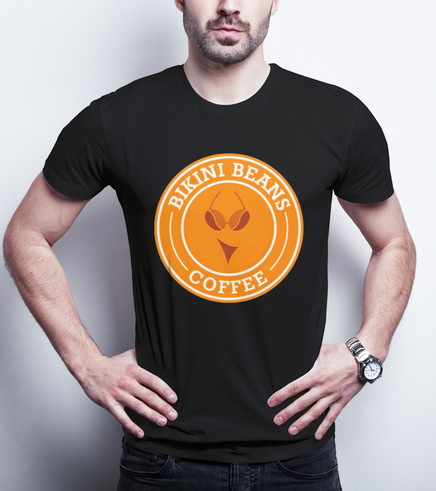 Bikini Beans Coffee Circular Logo With Sunglasses And Orange Background T-Shirt