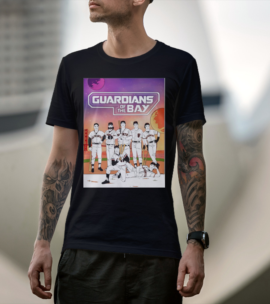 Guardians Of The Bay San Francisco Giants Baseball Players With Golden Gate Bridge And Sunset Background T-Shirt