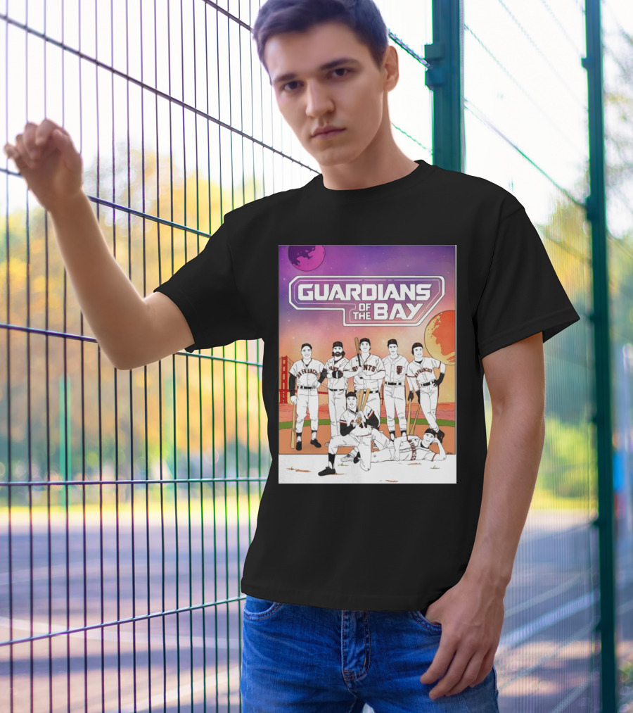 Guardians Of The Bay San Francisco Giants Baseball Players With Golden Gate Bridge And Sunset Background T-Shirt