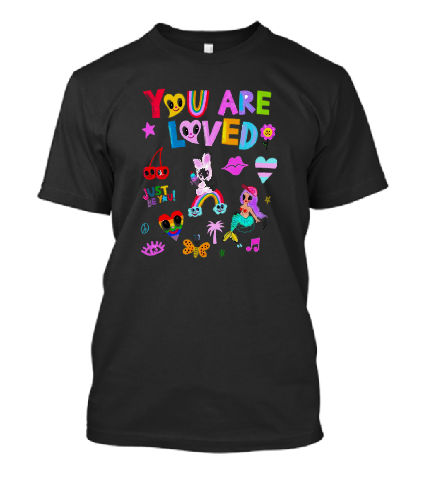 YOU ARE LOVED JUST BE YOU Rainbow Heart Mermaid Butterfly Palm Tree Peace T-Shirt