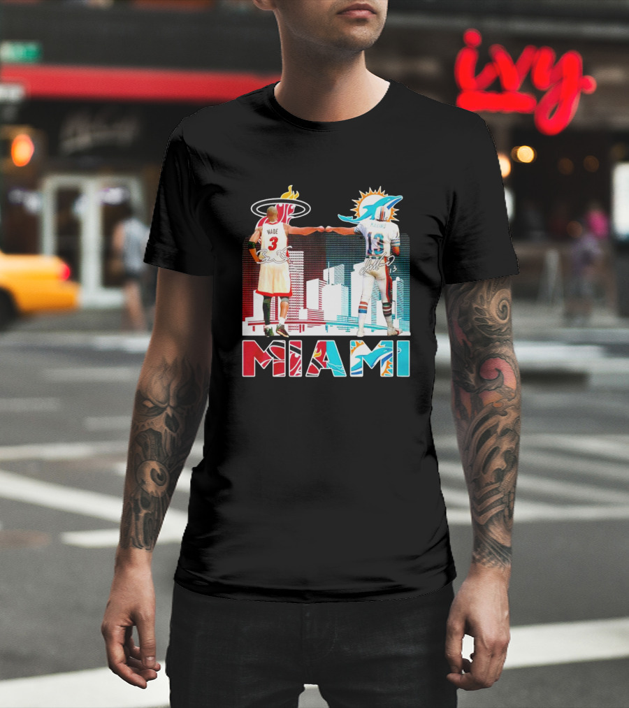 Miami Heat Dwyane Wade And Miami Dolphins Dan Marino Iconic Fist Bump Signatures T-Shirt