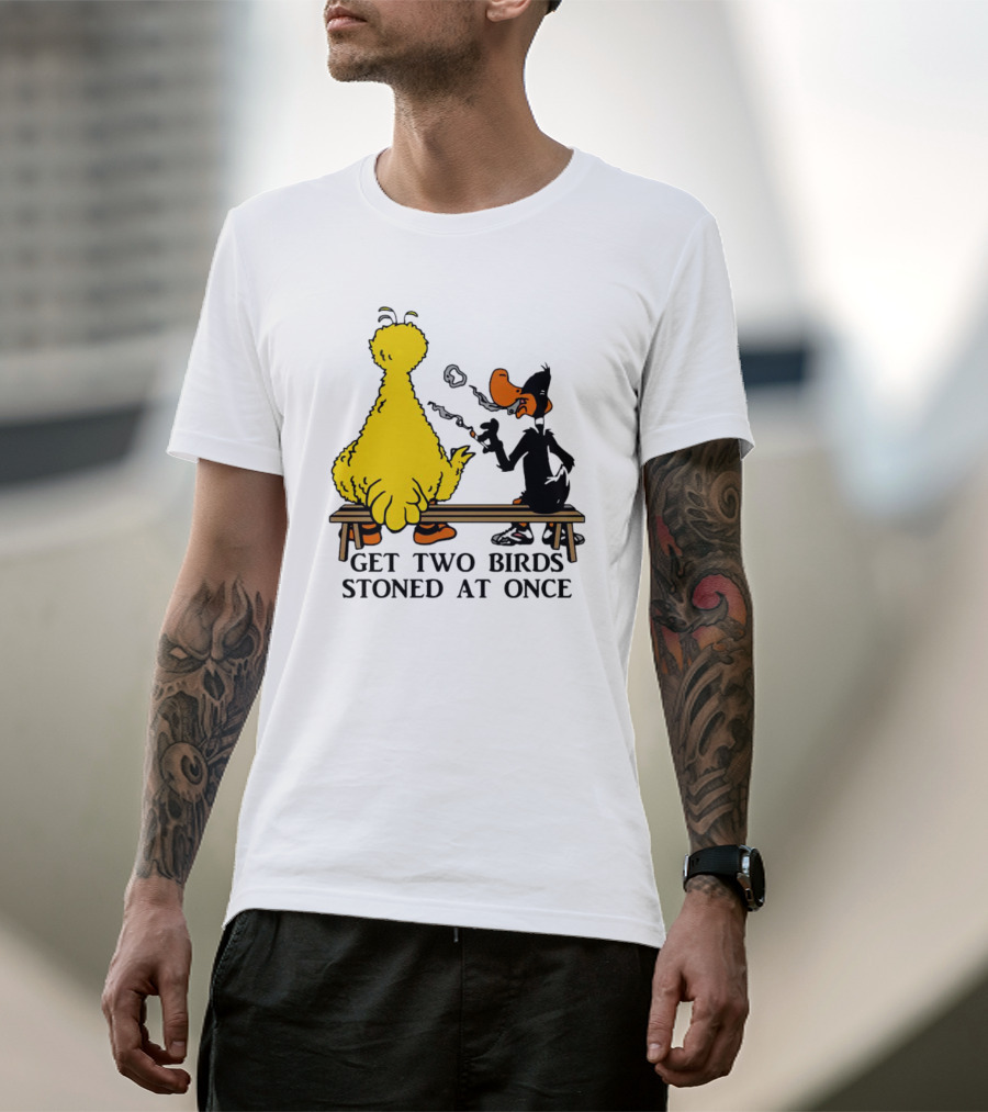 Get Two Birds Stoned At Once Smoking Yellow Black Cartoon Birds Bench T-Shirt