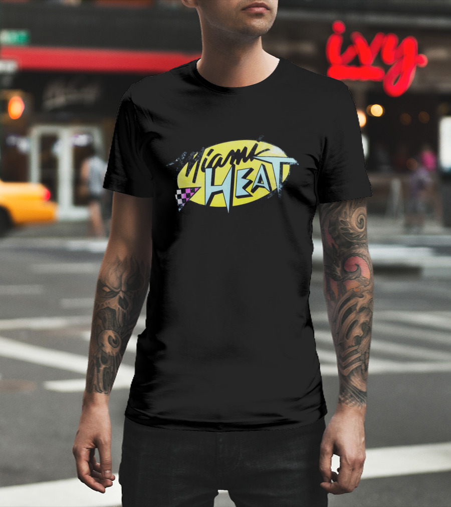Miami Heat Retro 90s Style Logo With Neon Colors And Checkered Triangle T-Shirt