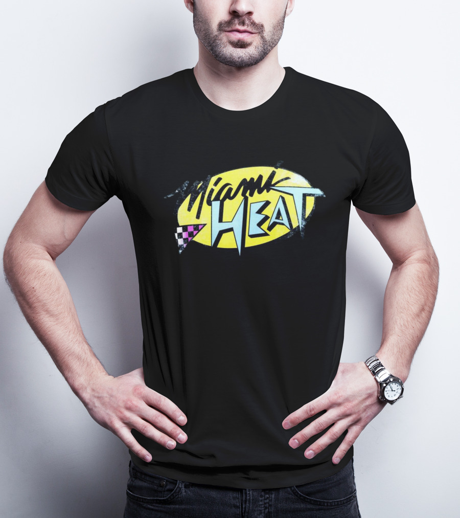 Miami Heat Retro 90s Style Logo With Neon Colors And Checkered Triangle T-Shirt