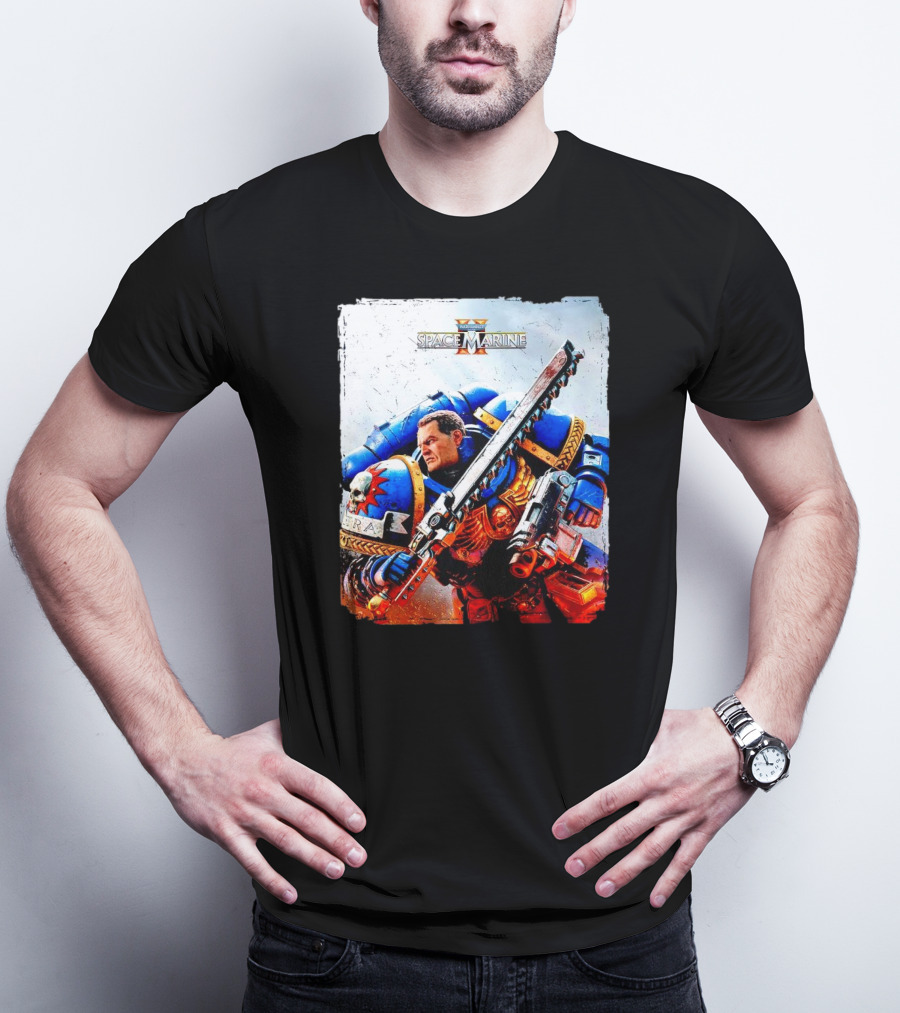 Warhammer 40000 Space Marine 2 Titus Game Art Ultramarine Warrior Battle Scene T-Shirt