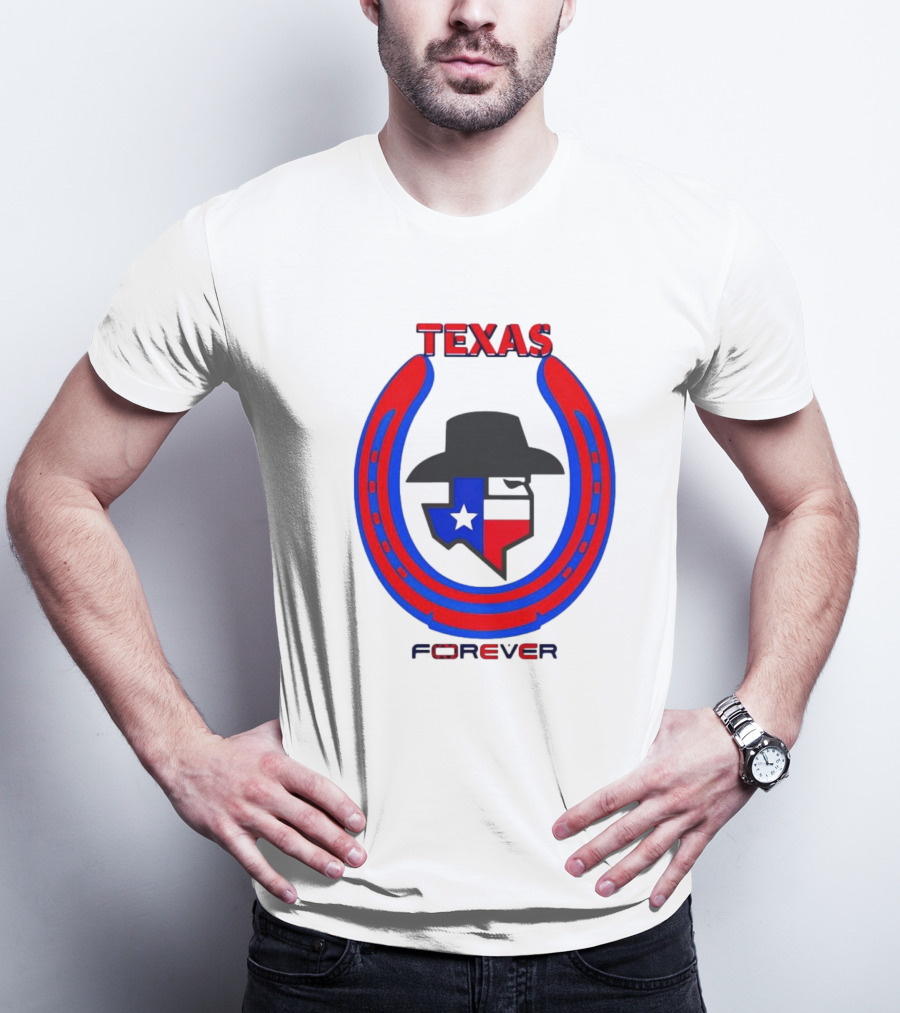 Texas Forever Lone Star Horseshoe Red Blue Cowboy Hat T-Shirt