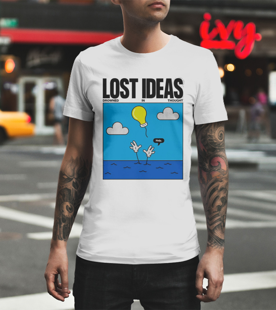 Lost Ideas Drowned In Thought Help Lightbulb Above Water Hands Clouds T-Shirt