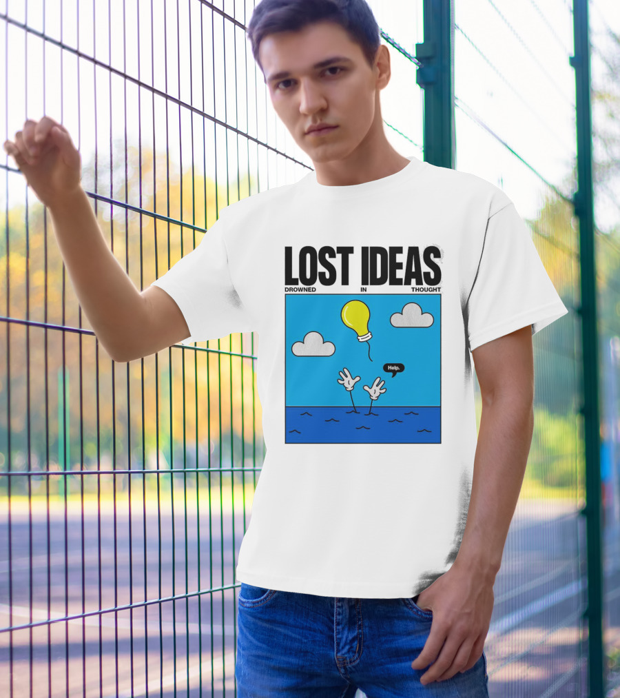 Lost Ideas Drowned In Thought Help Lightbulb Above Water Hands Clouds T-Shirt