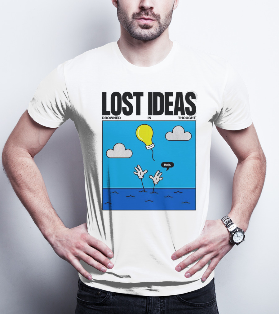 Lost Ideas Drowned In Thought Help Lightbulb Above Water Hands Clouds T-Shirt
