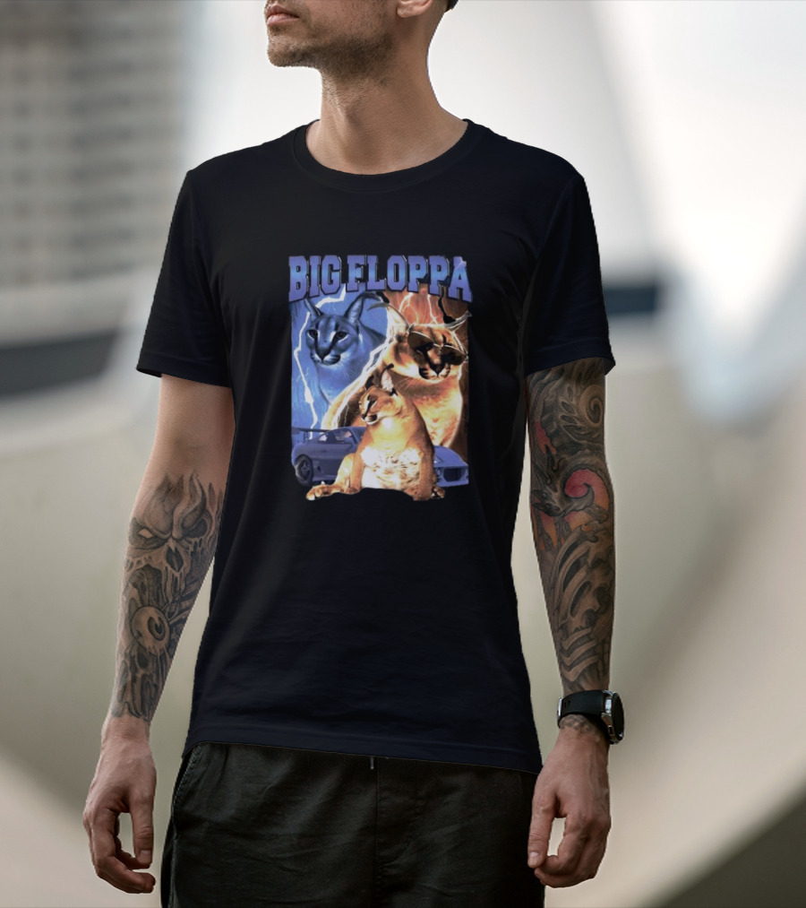 Big Floppa Lightning Caracal Trio With Lightning And Sports Car T-Shirt