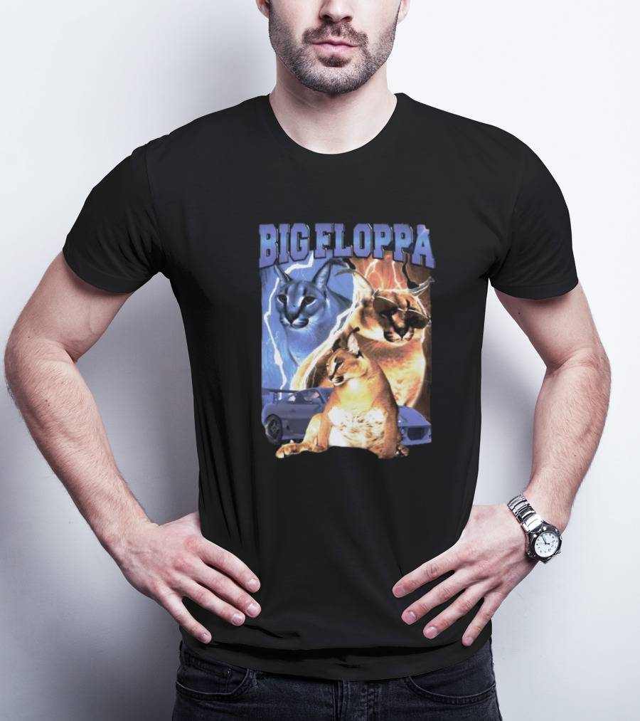 Big Floppa Lightning Caracal Trio With Lightning And Sports Car T-Shirt