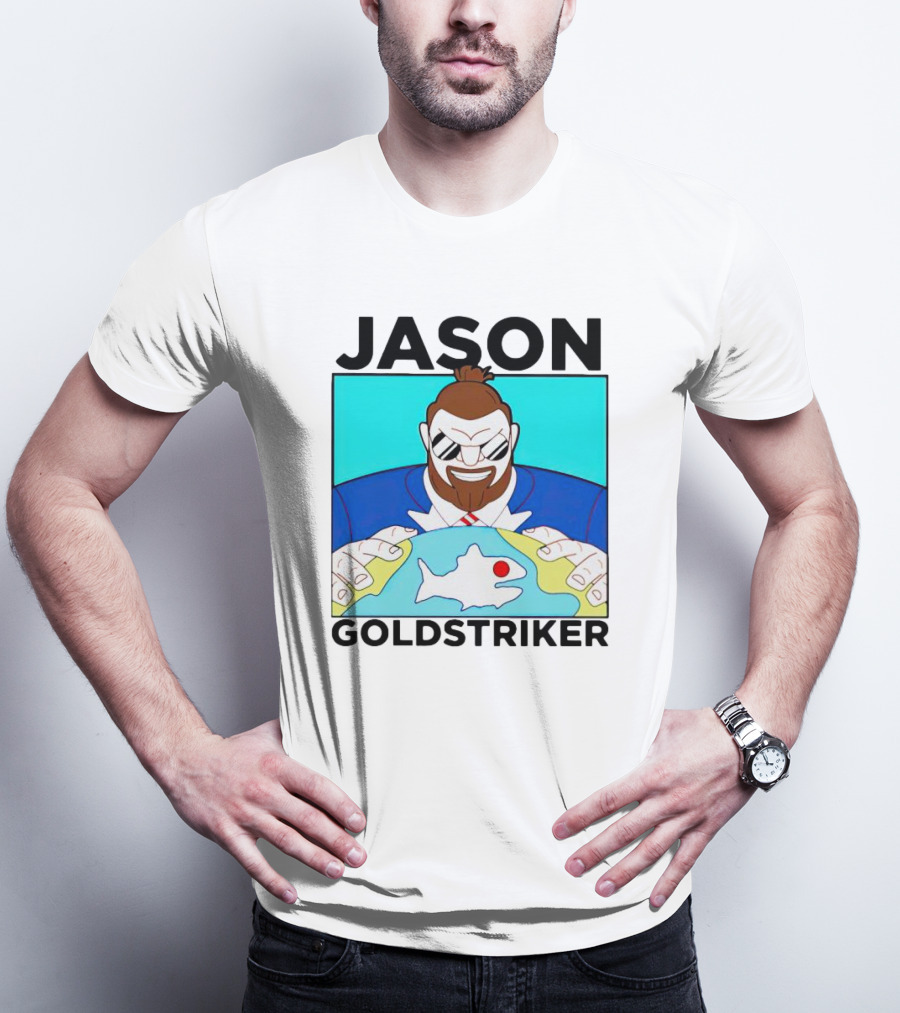 JASON GOLDSTRIKER Bold Character Holding Map With Red Marker T-Shirt