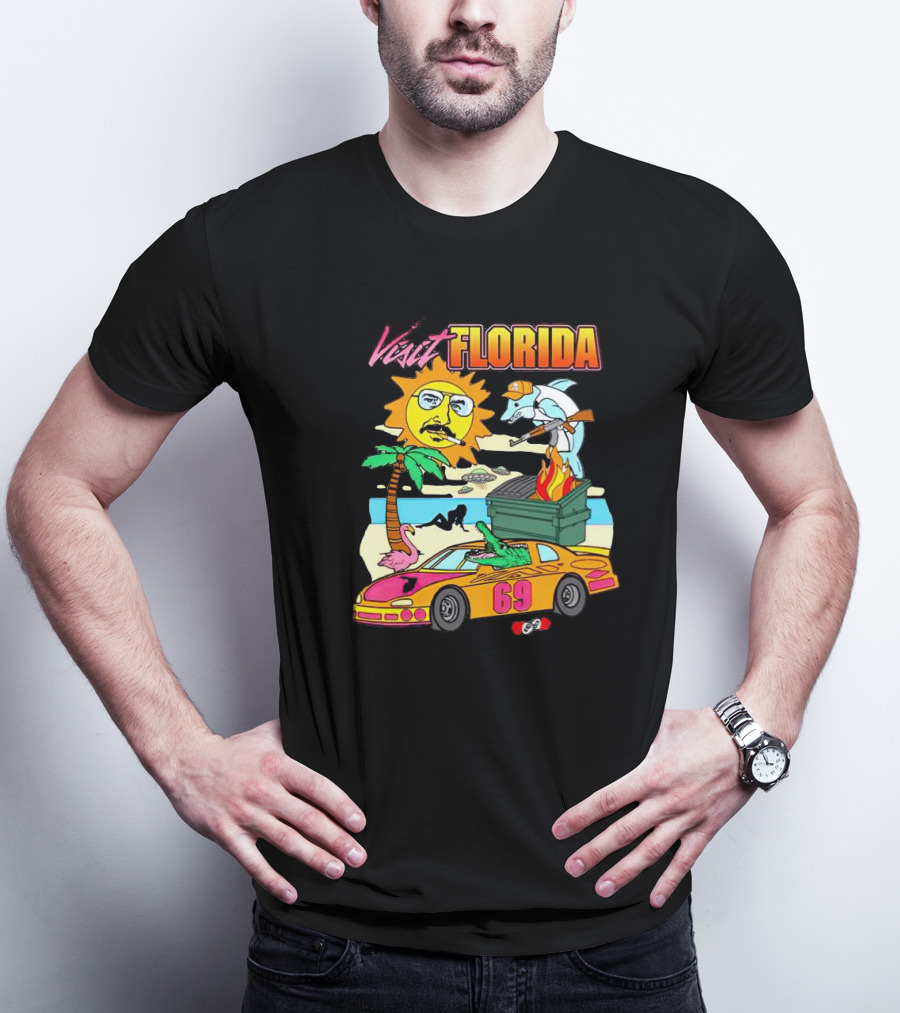 Visit Florida Beach Car Alligator Sun Dolphin Racing Fun T-Shirt