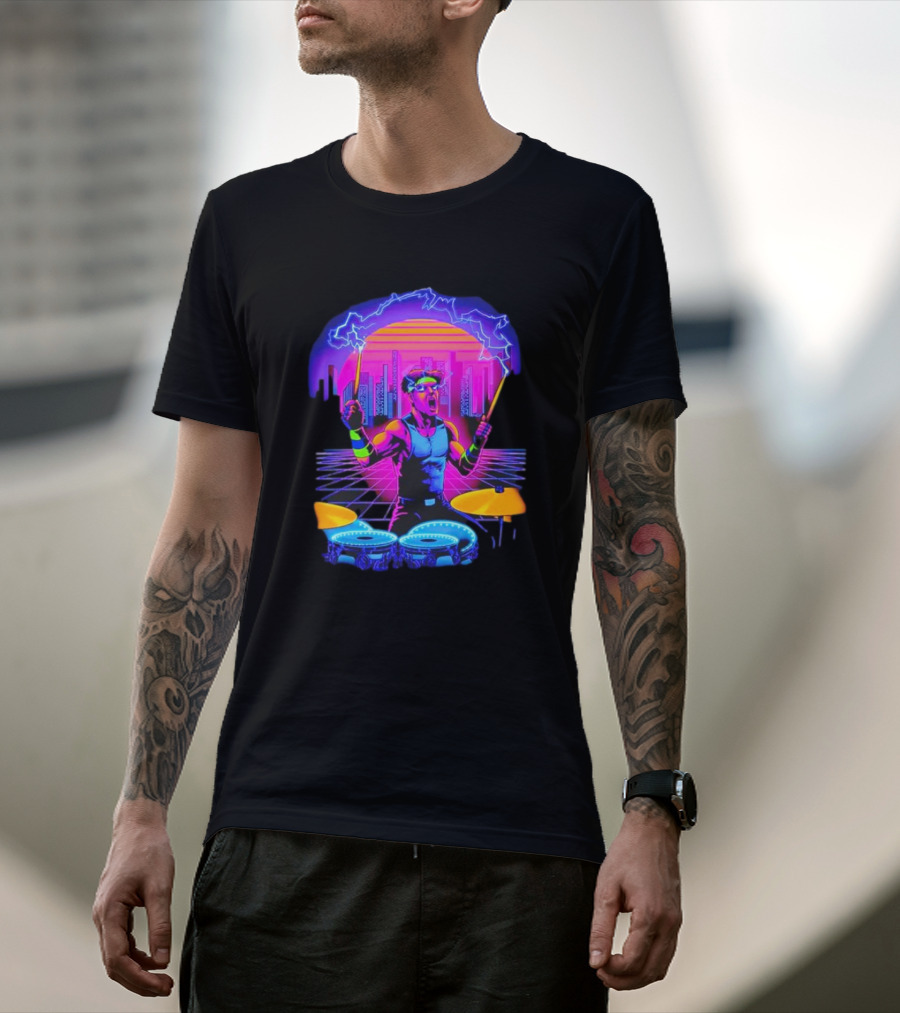 Drumatron Neon City Electric Drummer In Retro Futuristic Skyline T-Shirt