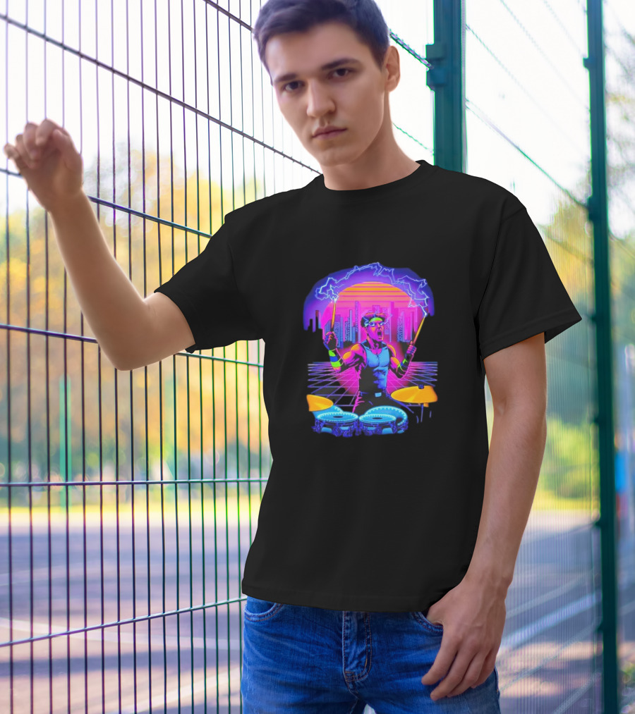 Drumatron Neon City Electric Drummer In Retro Futuristic Skyline T-Shirt
