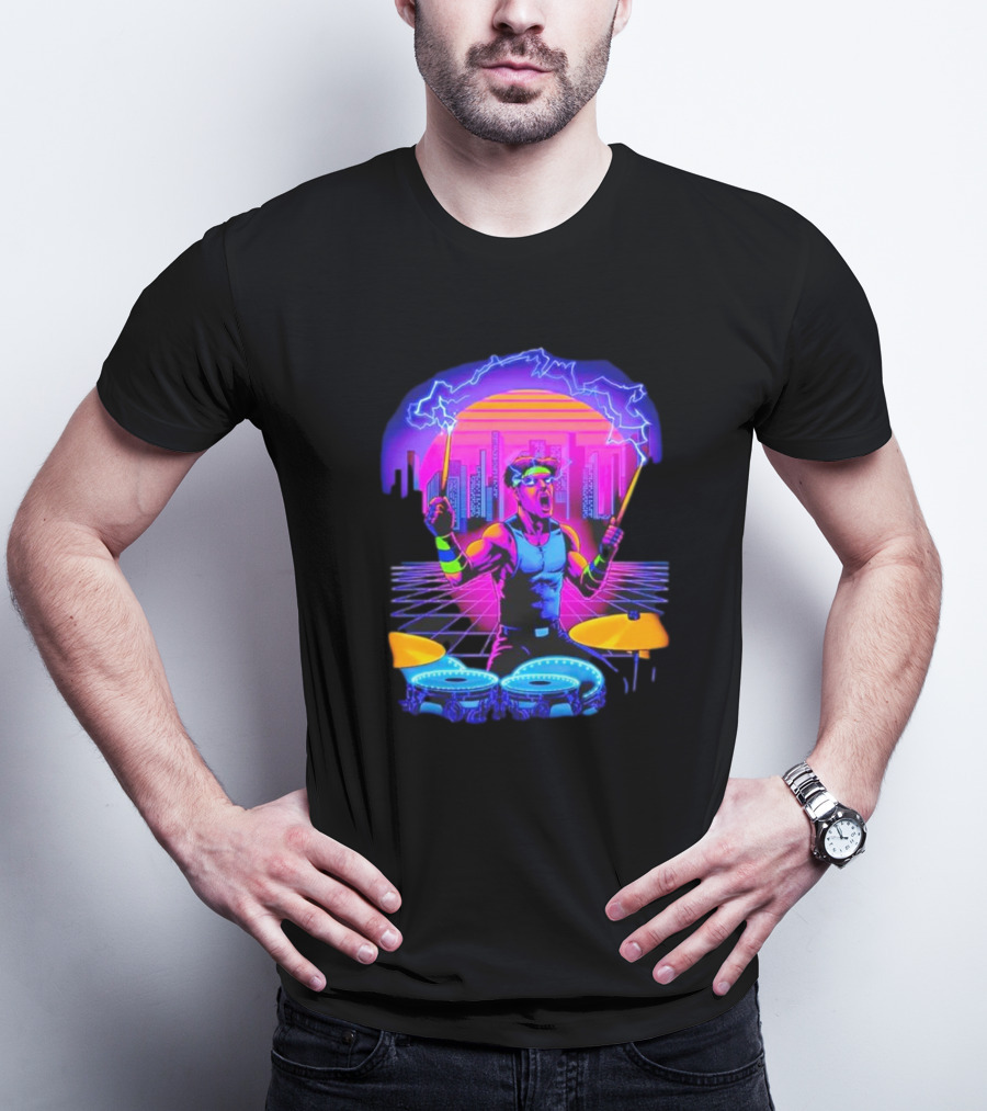 Drumatron Neon City Electric Drummer In Retro Futuristic Skyline T-Shirt