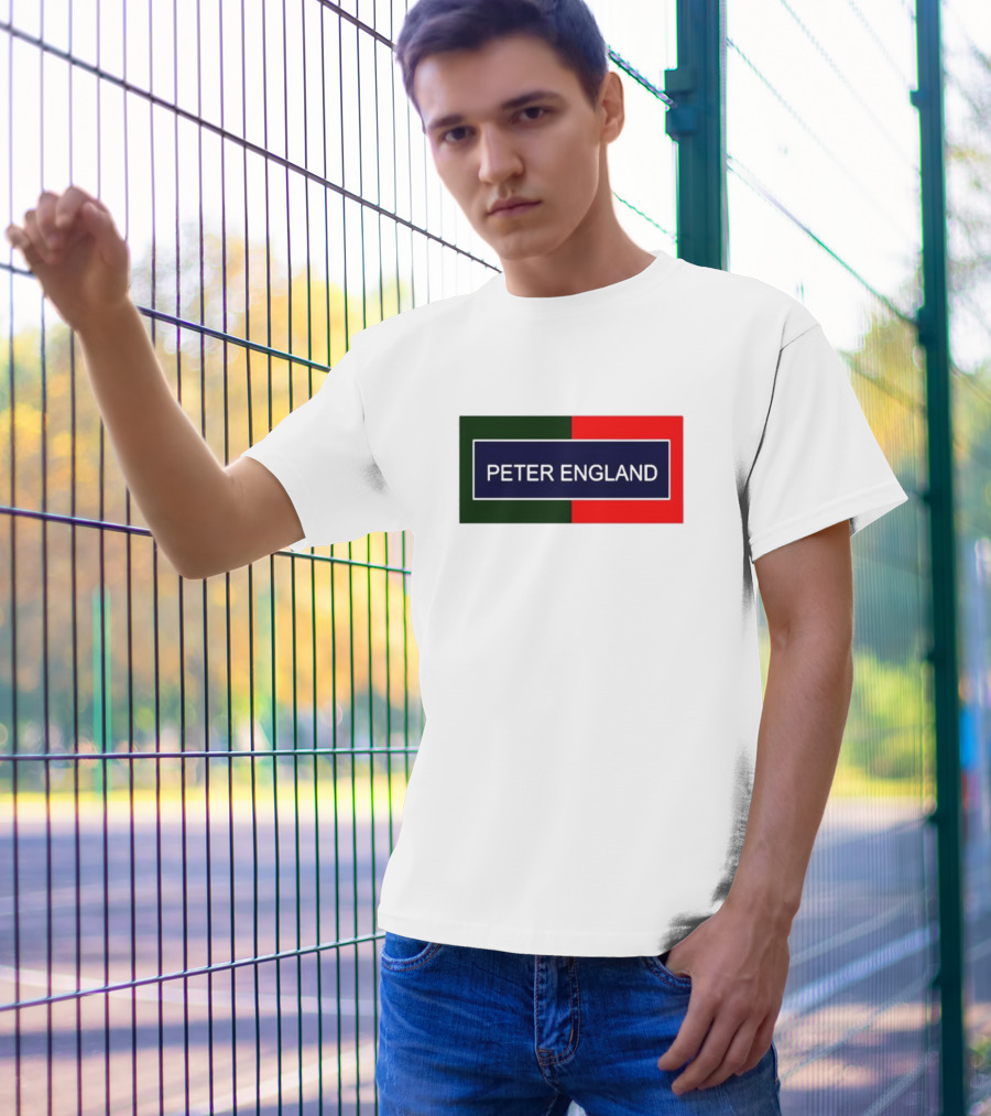 PETER ENGLAND Black Background Rectangular Logo With Green And Red Blocks T-Shirt