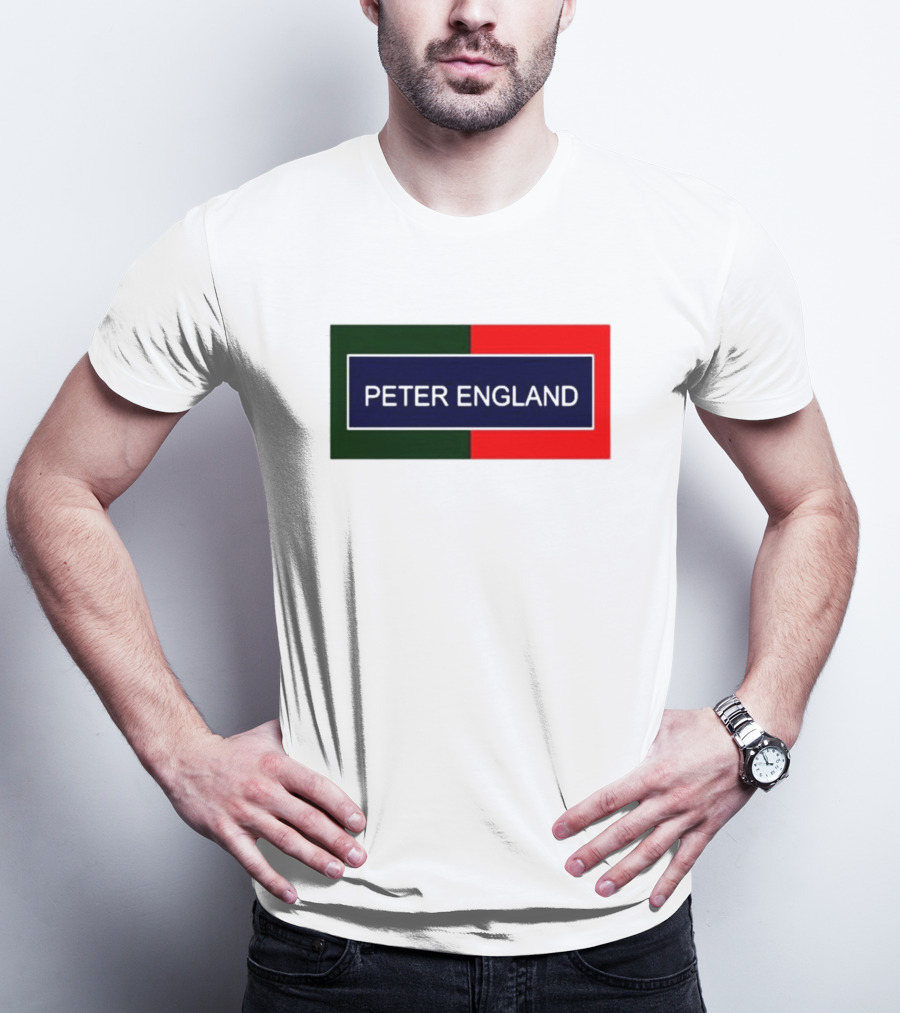 PETER ENGLAND Black Background Rectangular Logo With Green And Red Blocks T-Shirt