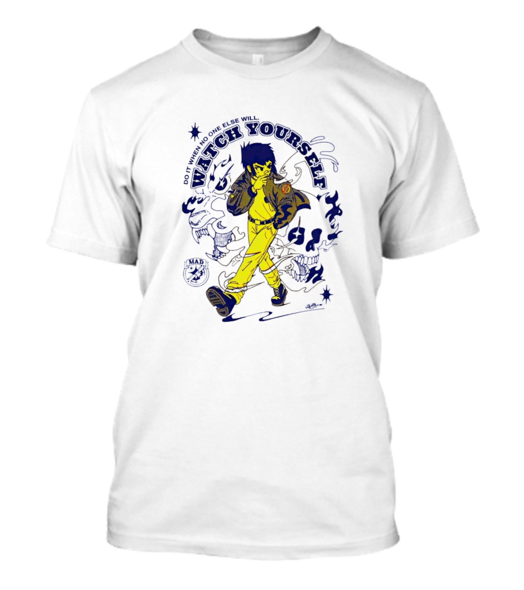 Watch Yourself Do It When No One Else Will Retro Style Blue And Yellow Walking Character T-Shirt