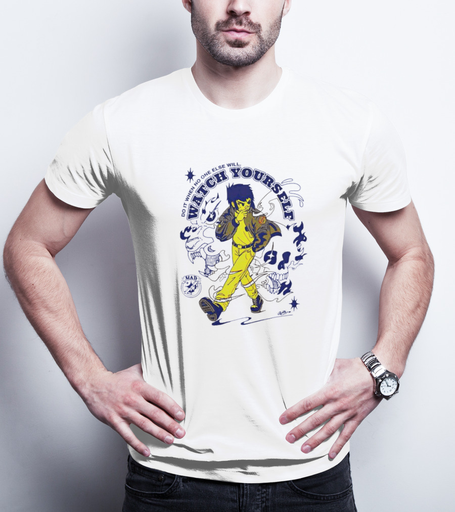 Watch Yourself Do It When No One Else Will Retro Style Blue And Yellow Walking Character T-Shirt