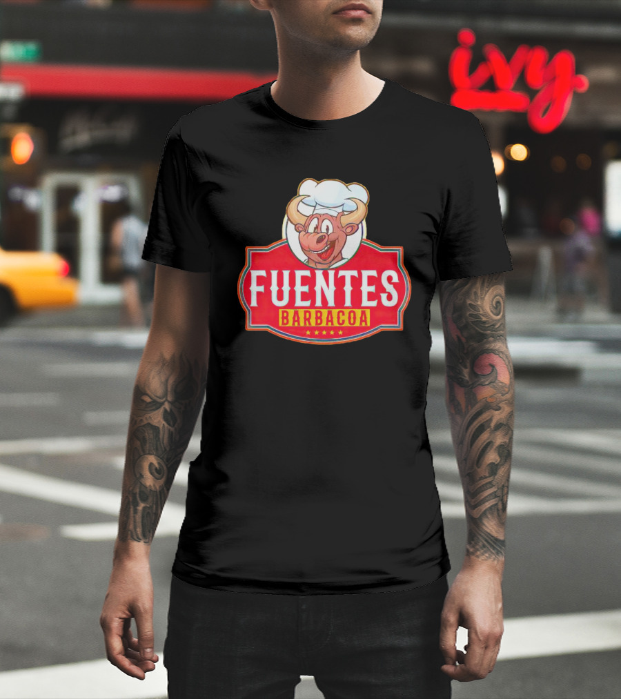 Fuentes Barbacoa Chef Cow Logo On Red Badge T-Shirt