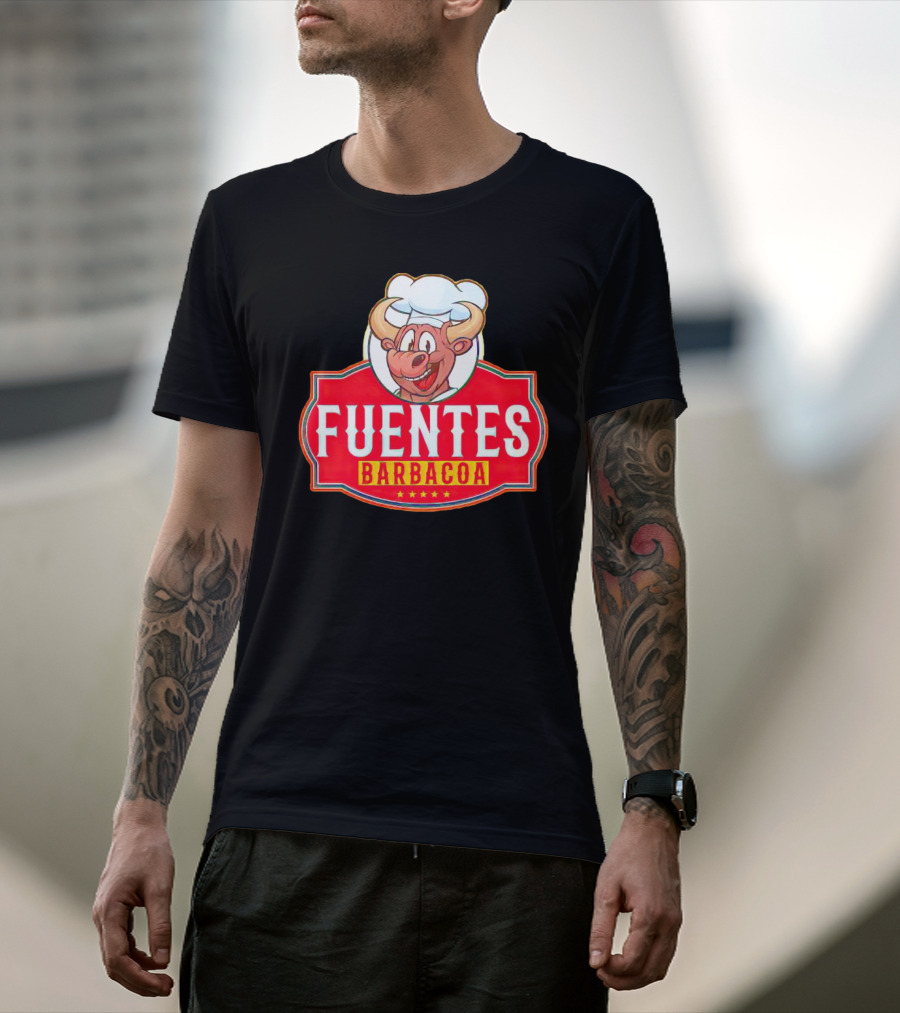 Fuentes Barbacoa Chef Cow Logo On Red Badge T-Shirt