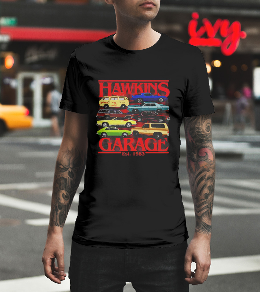 Hawkins Garage Stranger Things Vintage Cars Pizza Van Est. 1983 T-Shirt