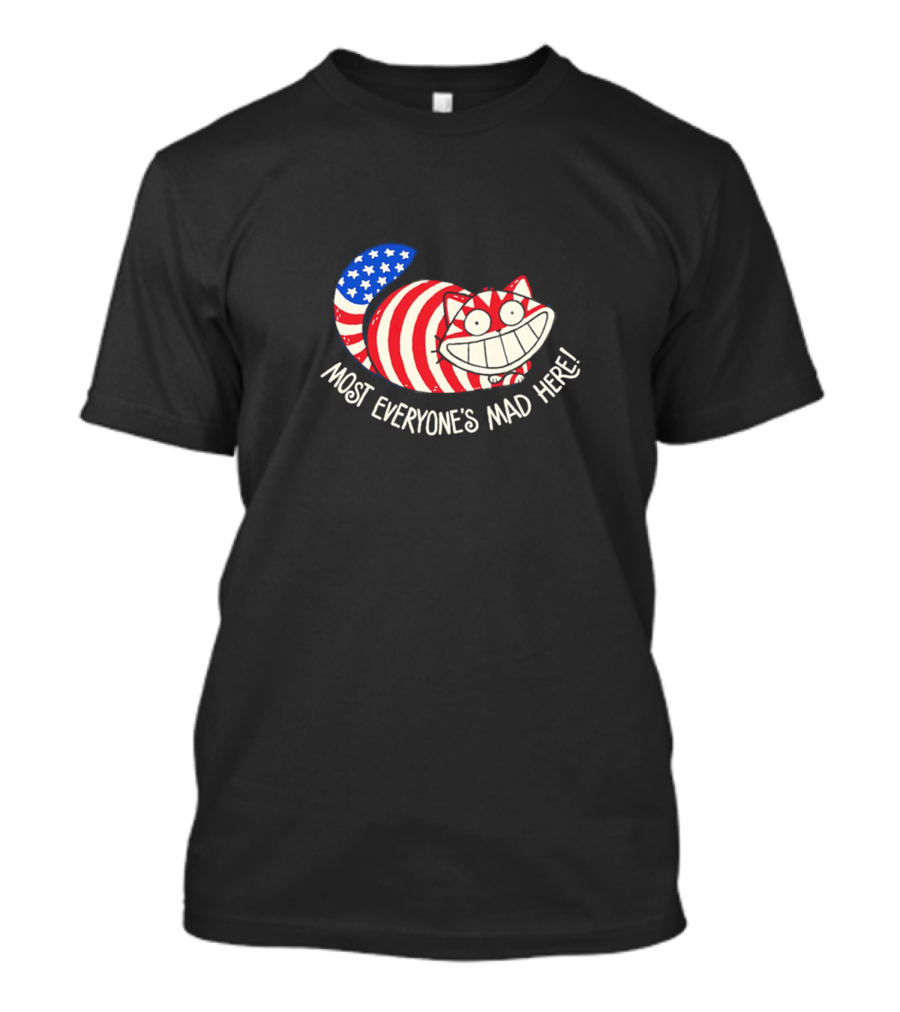 Muricat Most Everyone's Mad Here Cheshire Cat American Flag Stripes T-Shirt