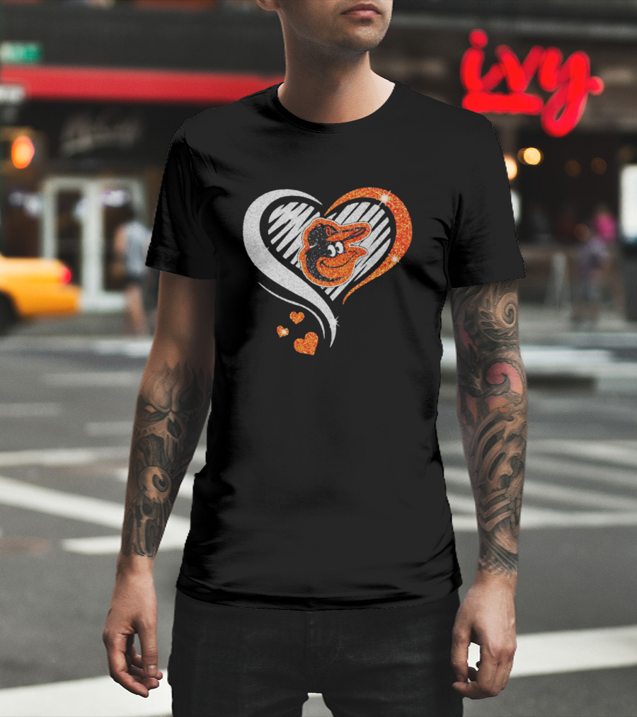 Baltimore Orioles Heart Shaped Logo With Orange Glitter Diamond T-Shirt