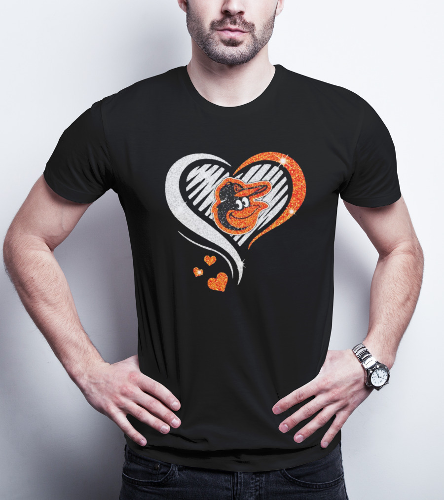 Baltimore Orioles Heart Shaped Logo With Orange Glitter Diamond T-Shirt