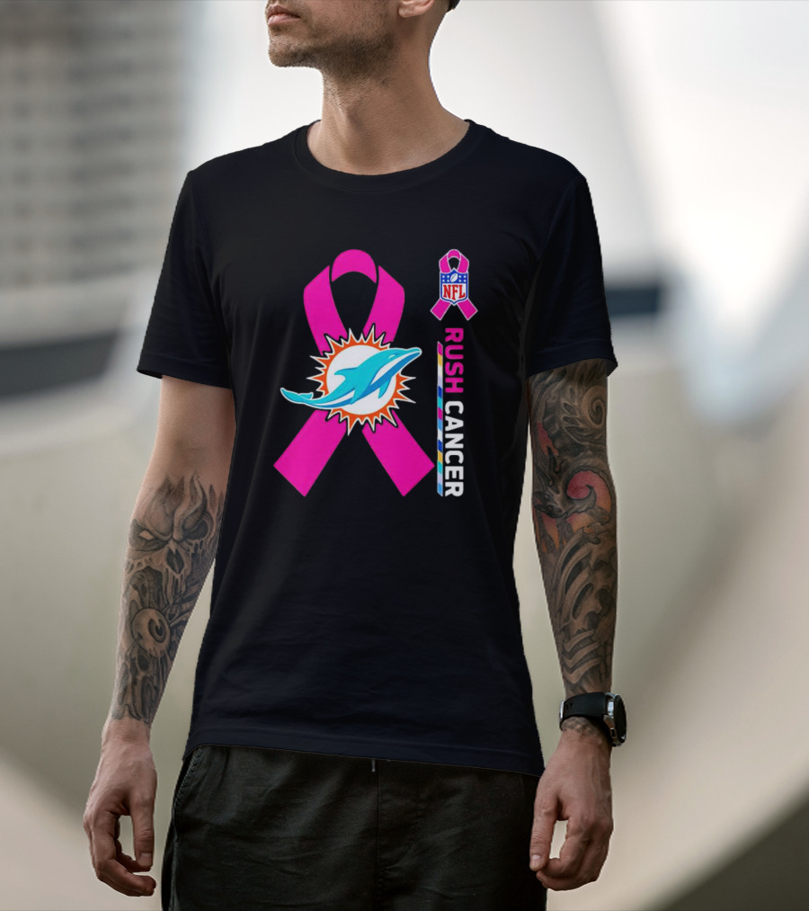 Miami Dolphins NFL Rush Cancer Pink Ribbon Emblem T-Shirt