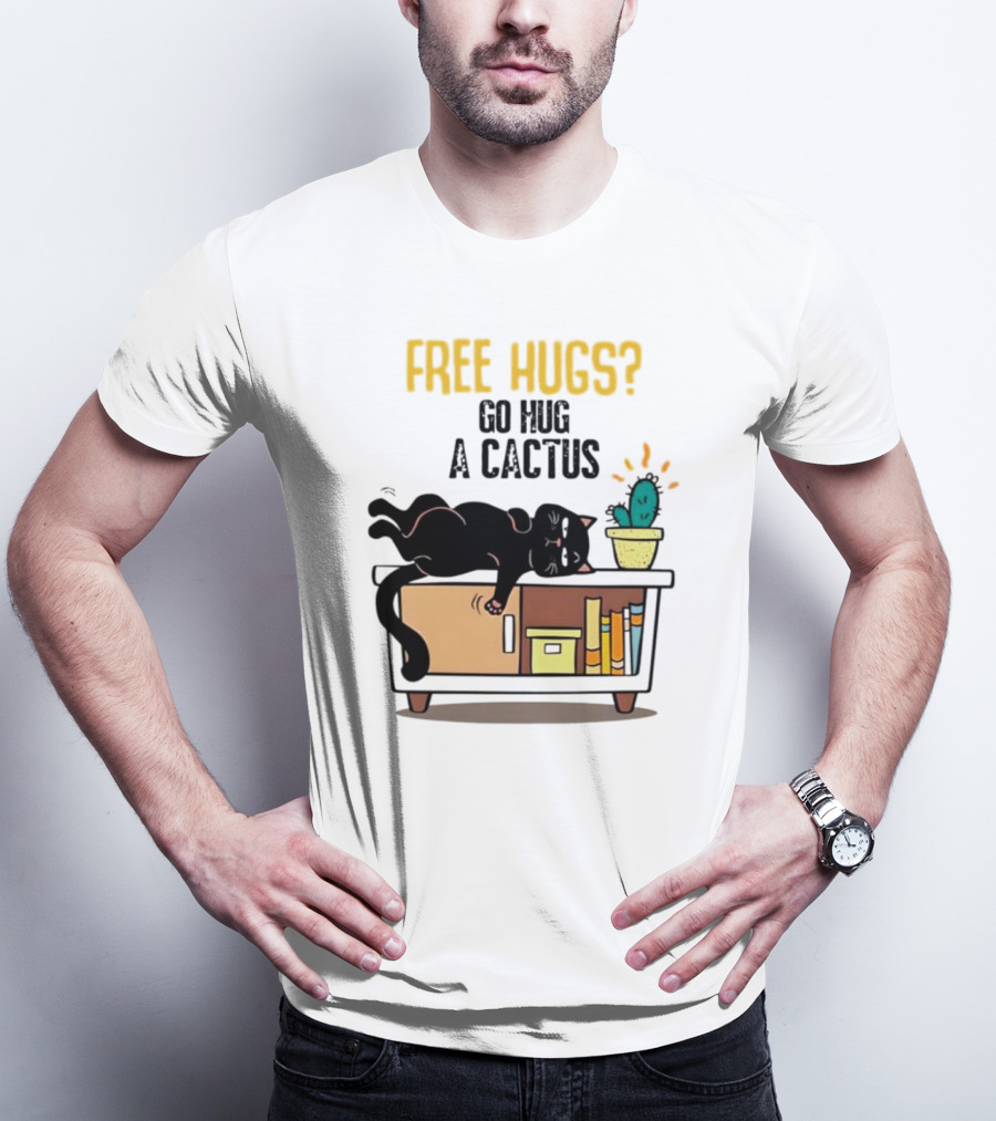 Free Hugs Go Hug A Cactus Cat On Shelf With Cactus And Books T-Shirt