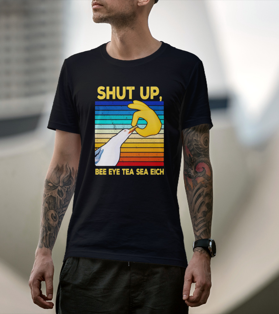 SHUT UP BEE EYE TEA SEA EICH Seagull Yellow Hand Rainbow Stripes T-Shirt