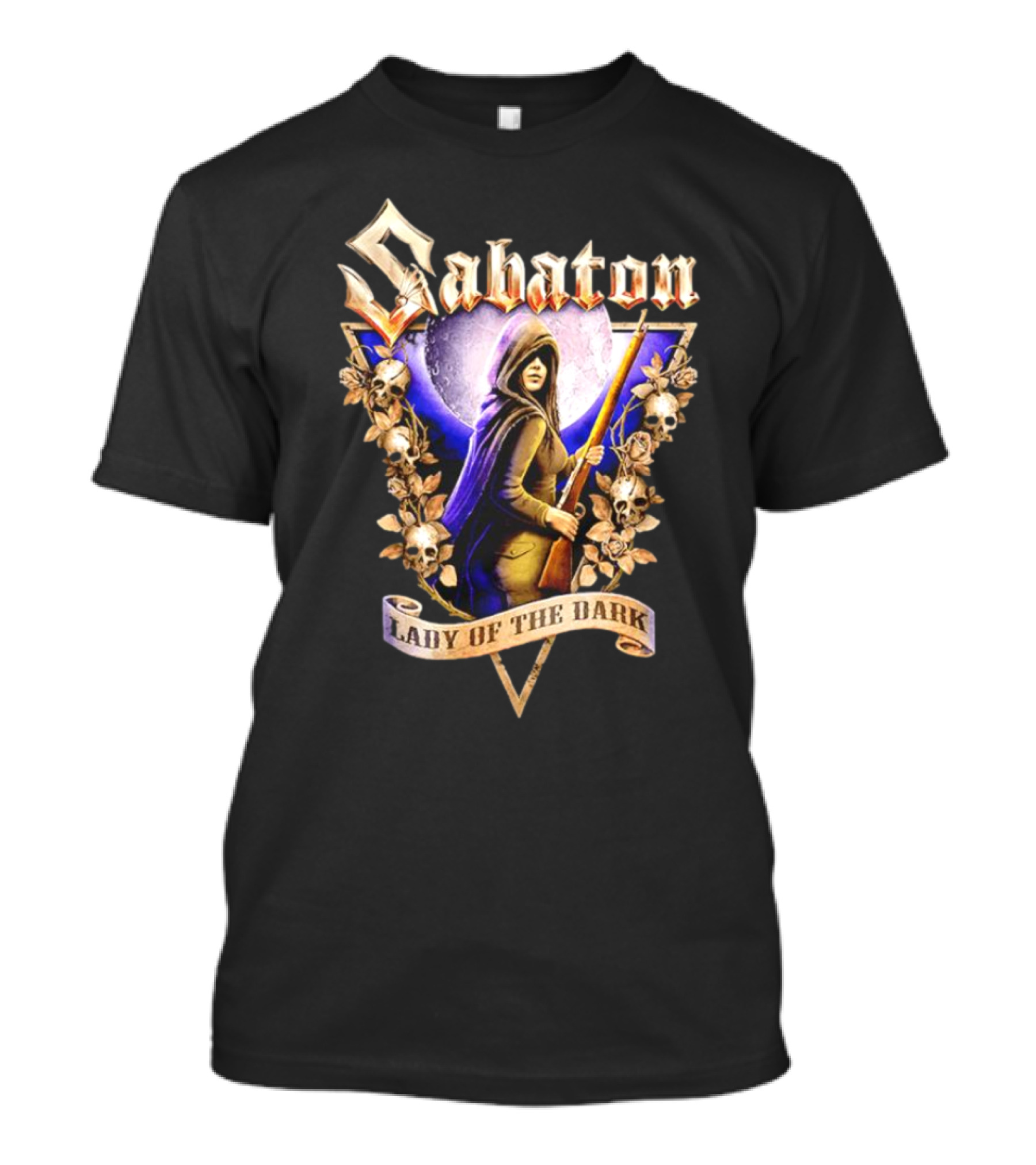 Sabaton Lady Of The Dark Hooded Figure With Floral Skull Motif T-Shirt