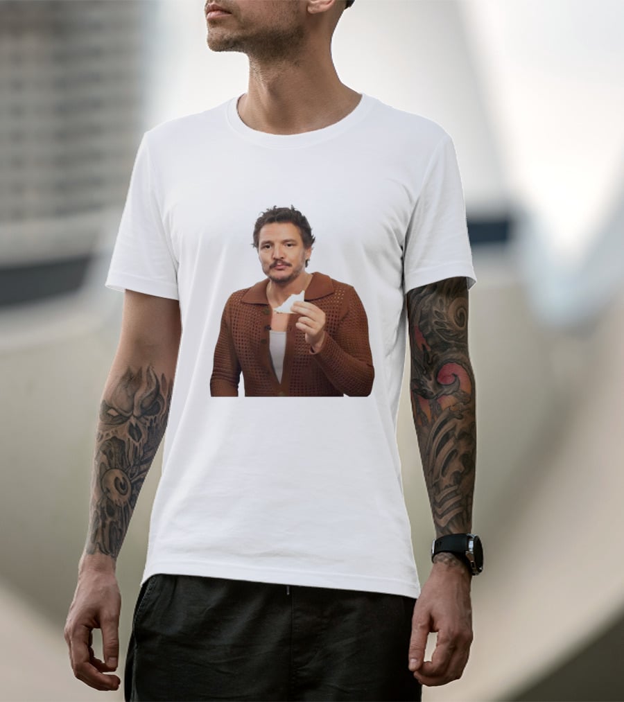 Pedro Pascal Holding Sandwich In Brown T-Shirt