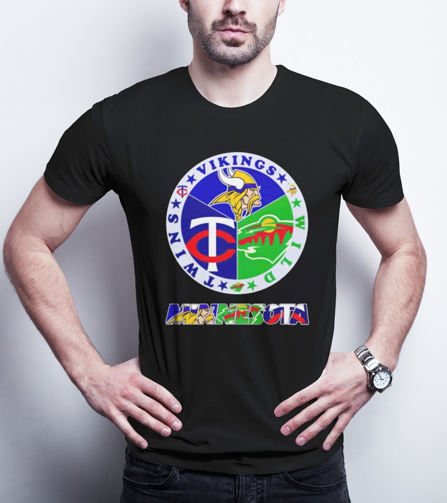 Minnesota Vikings Twins Wild Logos Circle And Colorful Minnesota Text T-Shirt