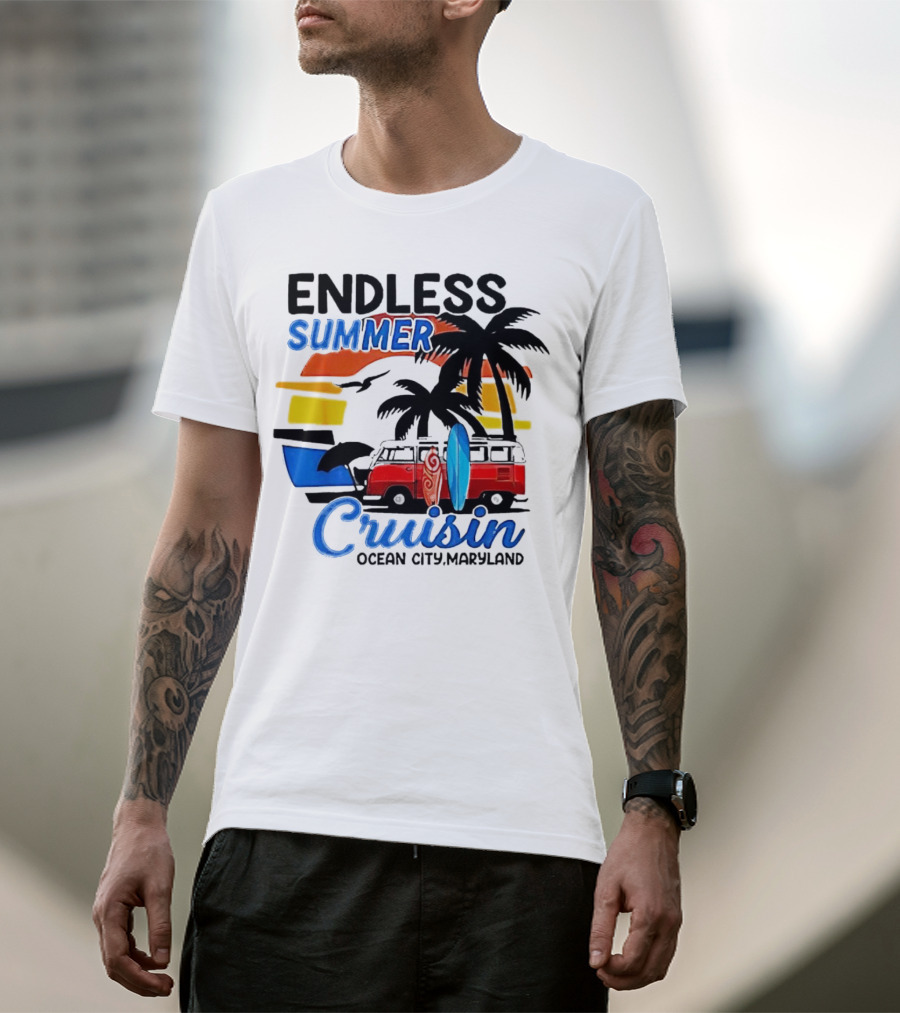 Endless Summer Cruisin Ocean City Maryland Vintage Sunset Surfboard Van Palm Trees T-Shirt