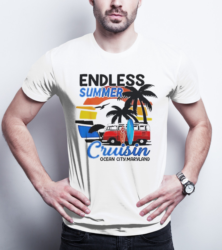 Endless Summer Cruisin Ocean City Maryland Vintage Sunset Surfboard Van Palm Trees T-Shirt