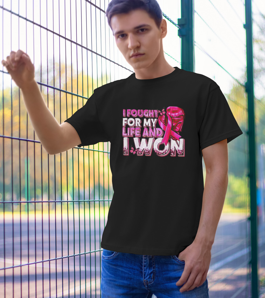 I Fought For My Life And I Won Pink Ribbon Boxing Glove Butterfly T-Shirt