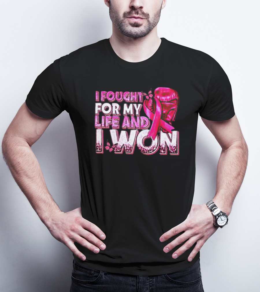 I Fought For My Life And I Won Pink Ribbon Boxing Glove Butterfly T-Shirt