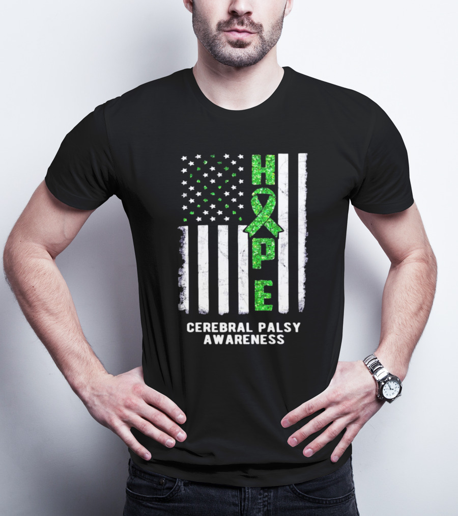 Hope American Flag Green Ribbon Cerebral Palsy Awareness T-Shirt