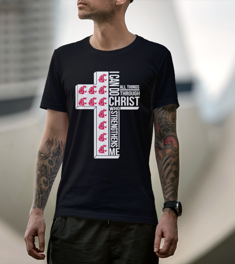 Washington State Cougars Logo I Can Do All Things Through Christ Cross T-Shirt