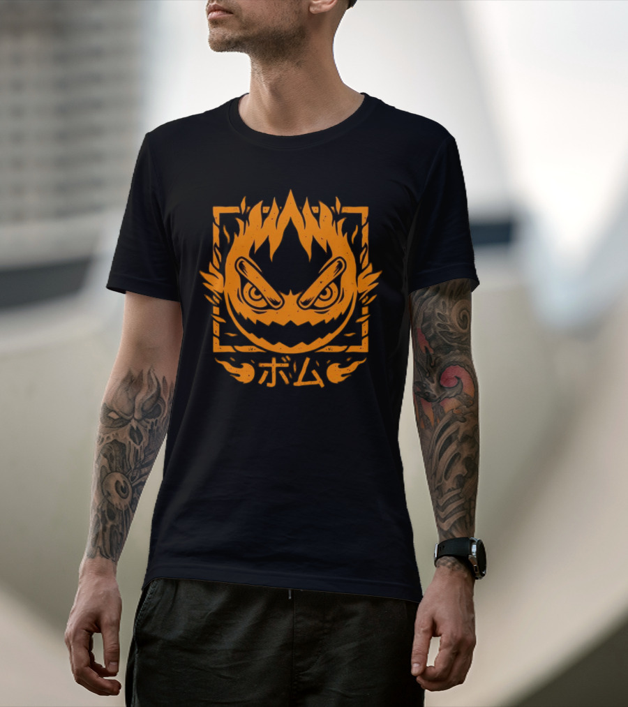 Firebomb Game Flaming Face And Japanese Text T-Shirt