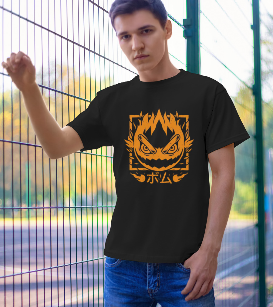 Firebomb Game Flaming Face And Japanese Text T-Shirt