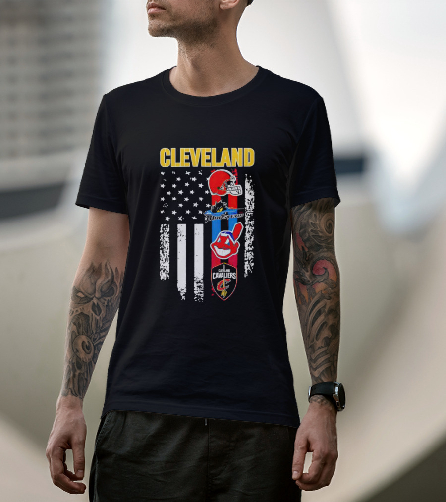 Cleveland Browns Monsters Guardians Cavaliers American Flag Sports T-Shirt