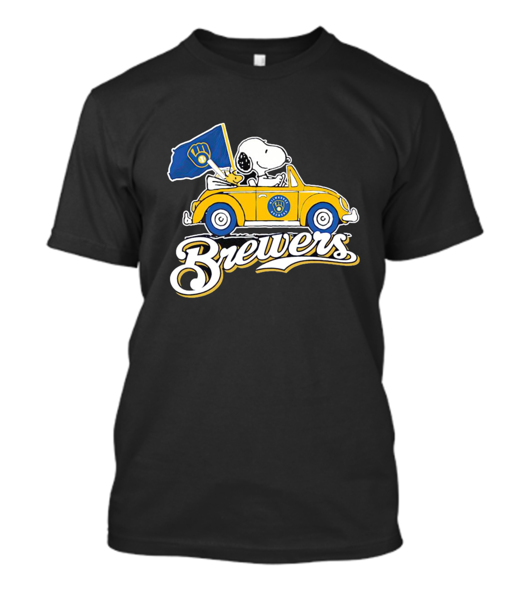 Snoopy And Woodstock Driving Car With Brewers Flag T-Shirt